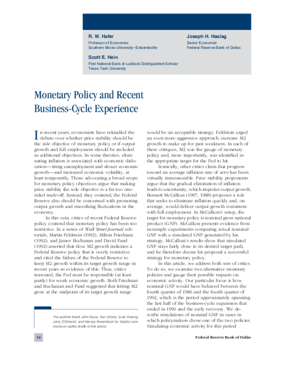 (PDF) Monetary policy and recent business-cycle experience