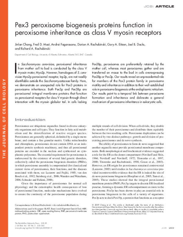 (PDF) Pex3 peroxisome biogenesis proteins function in peroxisome ...