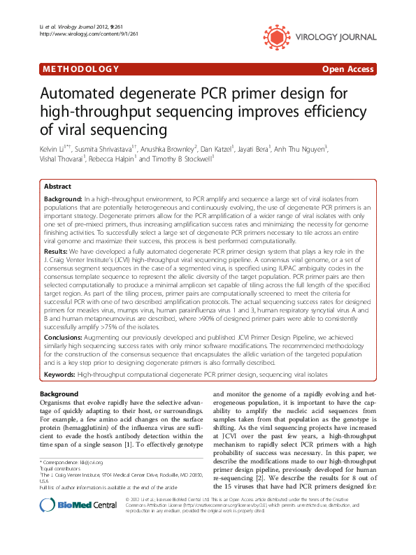 (PDF) Automated degenerate PCR primer design for high-throughput sequencing improves efficiency ...