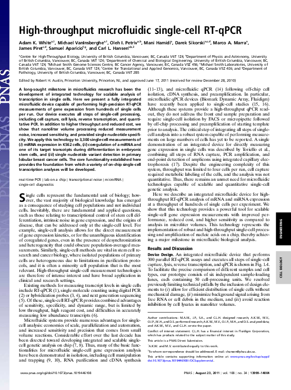 (PDF) High-throughput microfluidic single-cell RT-qPCR | Oleh Petriv, Adam White, James Piret ...