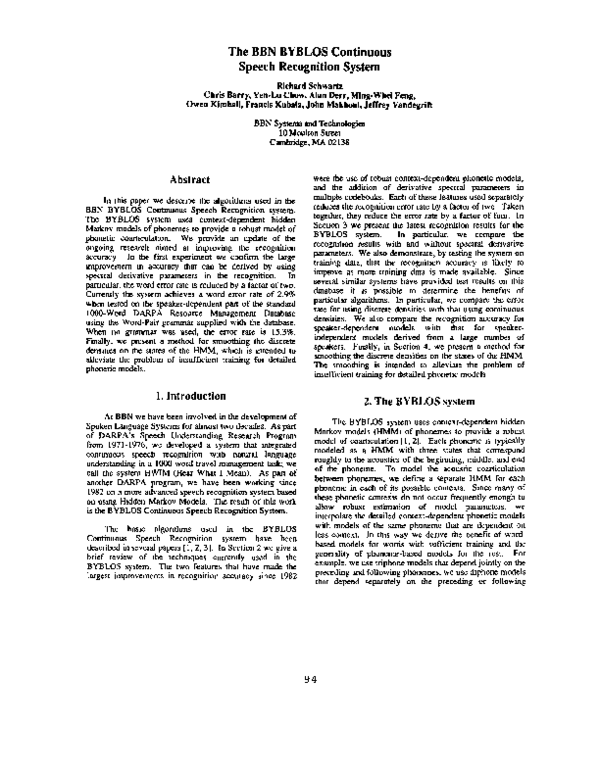 Pdf Byblos The Bbn Continuous Speech Recognition System