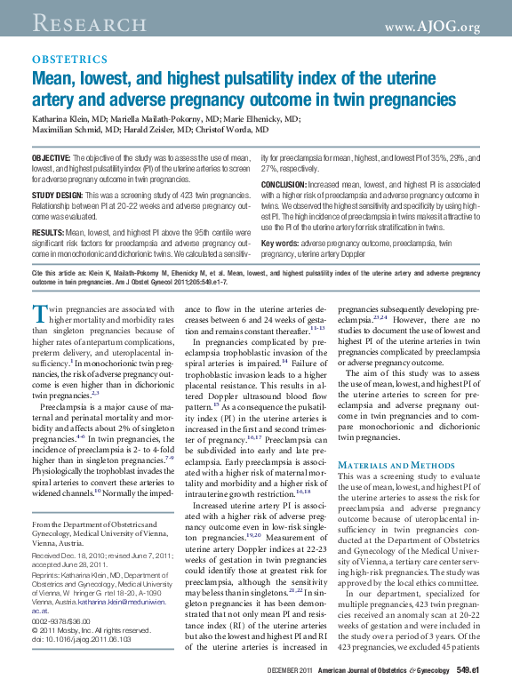 (PDF) Mean, lowest, and highest pulsatility index of the uterine artery ...