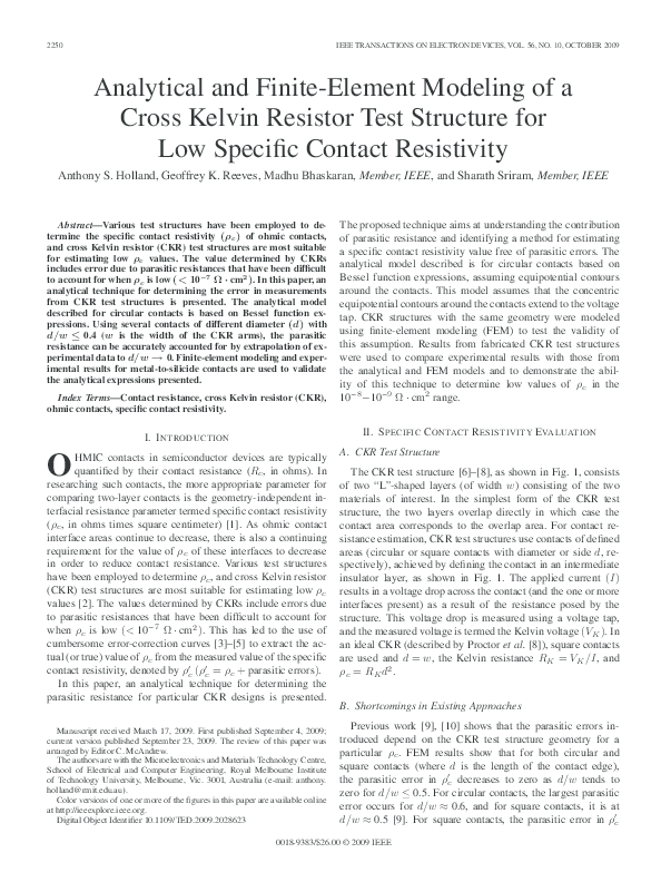 Pdf Analytical And Finite Element Modeling Of A Cross Kelvin Resistor Test Structure For Low