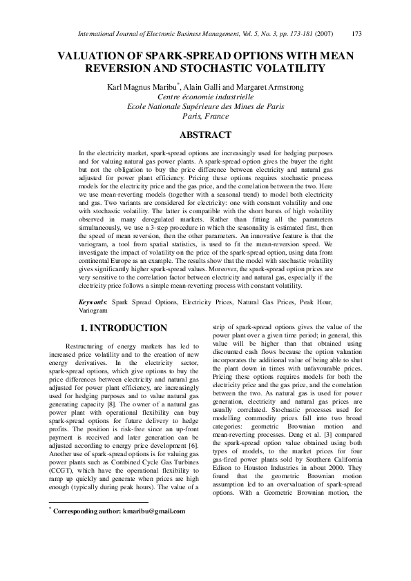 (PDF) Valuation of Spark-spread Options with Mean Reversion and ...