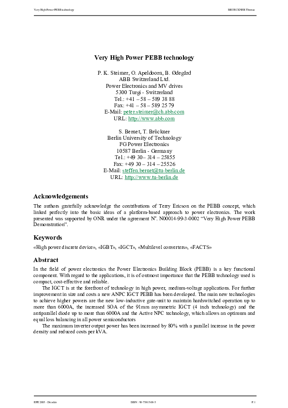 (PDF) Very High Power IGCT PEBB technology | Peter Steimer and Oscar ...
