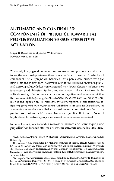 (PDF) Automatic and Controlled Components of Prejudice Toward Fat People: Evaluation Versus ...