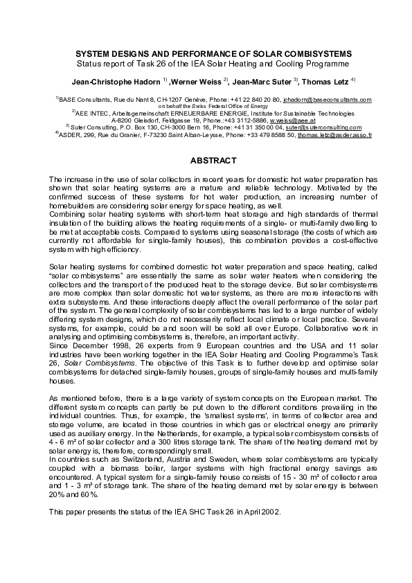 (PDF) SYSTEM DESIGNS AND PERFORMANCE OF SOLAR COMBISYSTEMS Status ...