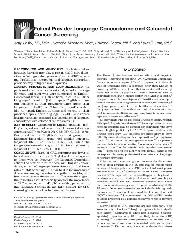 (PDF) Patient-Provider Language Concordance and Colorectal Cancer Screening
