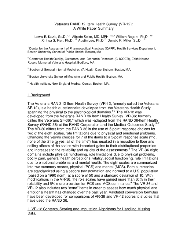 (PDF) Veterans RAND 12 Item Health Survey (VR12): A White Paper Summary