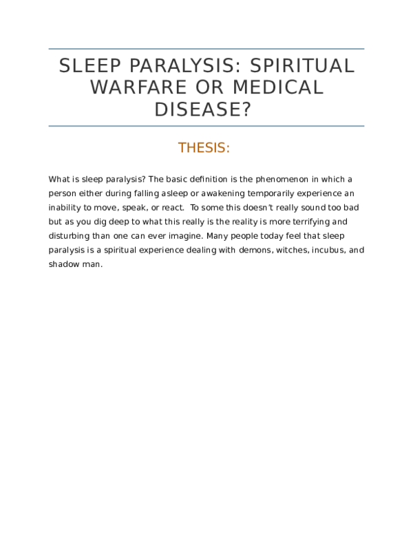 (DOC) Sleep Paralysis Spiritual Warfare or Medical Disease