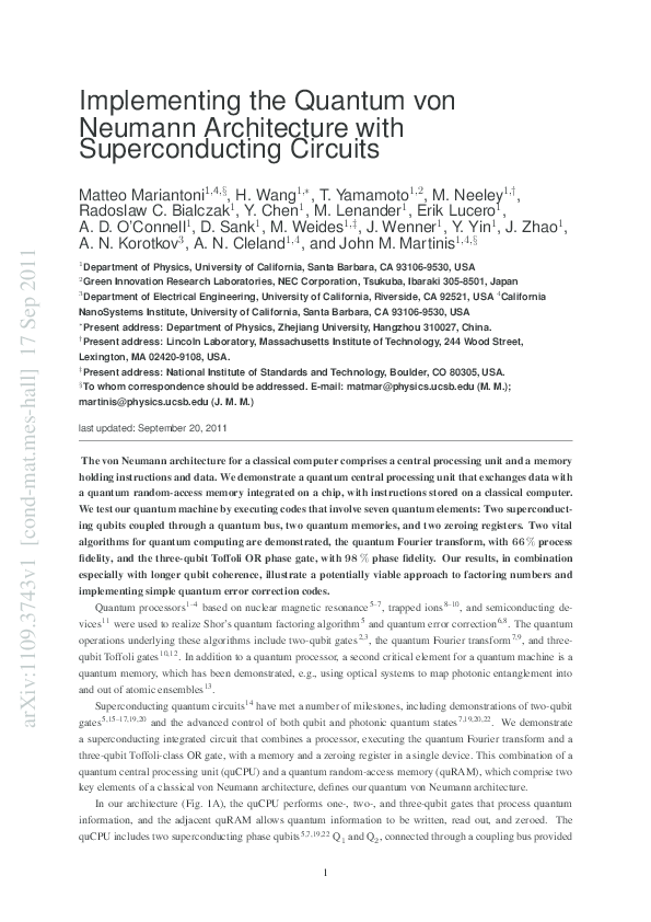 (PDF) Implementing the Quantum von Neumann Architecture with Superconducting Circuits