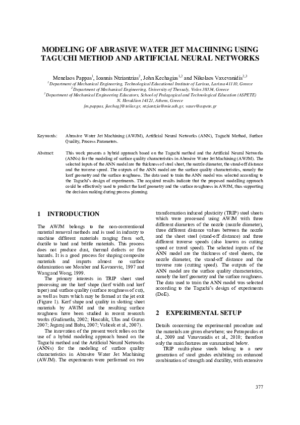 (PDF) Modeling of Abrasive Water Jet Machining using Taguchi Method and Artificial Neural Networks