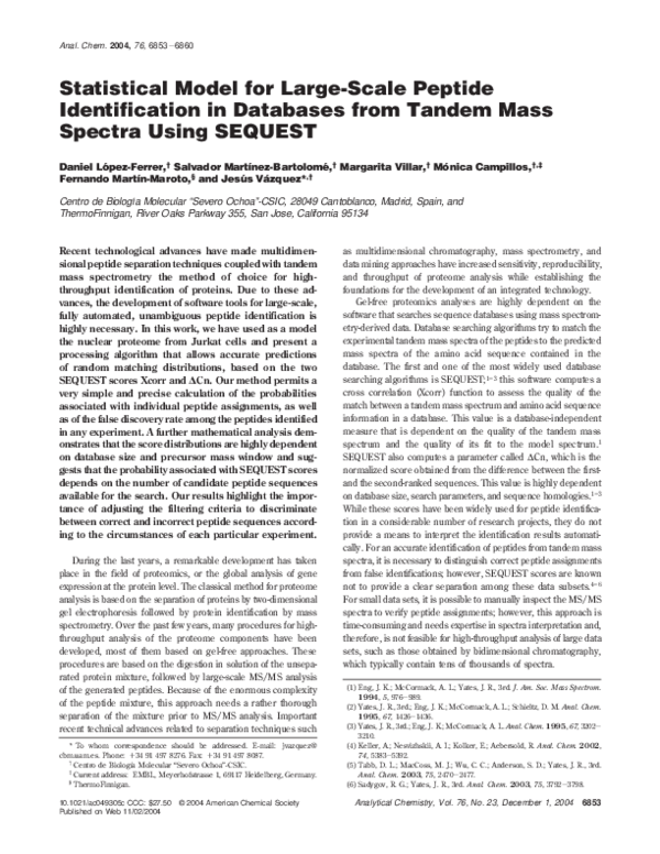 (PDF) Statistical Model for Large-Scale Peptide Identification in Databases from Tandem Mass ...