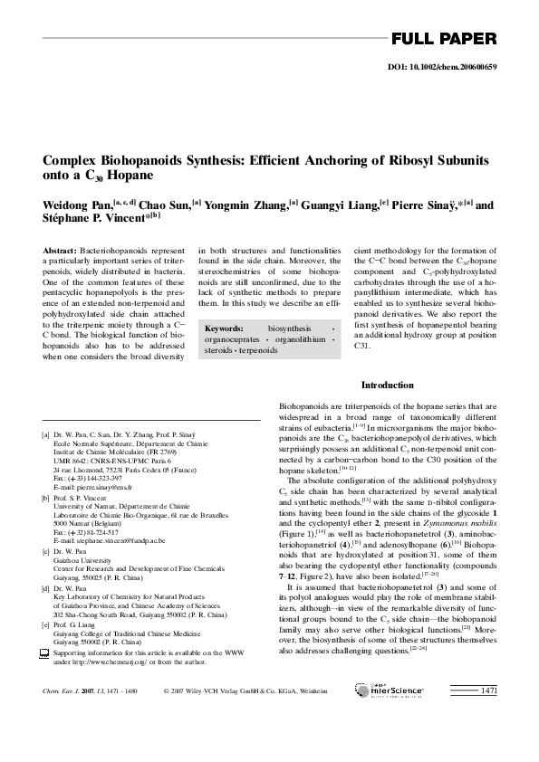 (PDF) Complex Biohopanoids Synthesis: Efficient Anchoring of Ribosyl ...