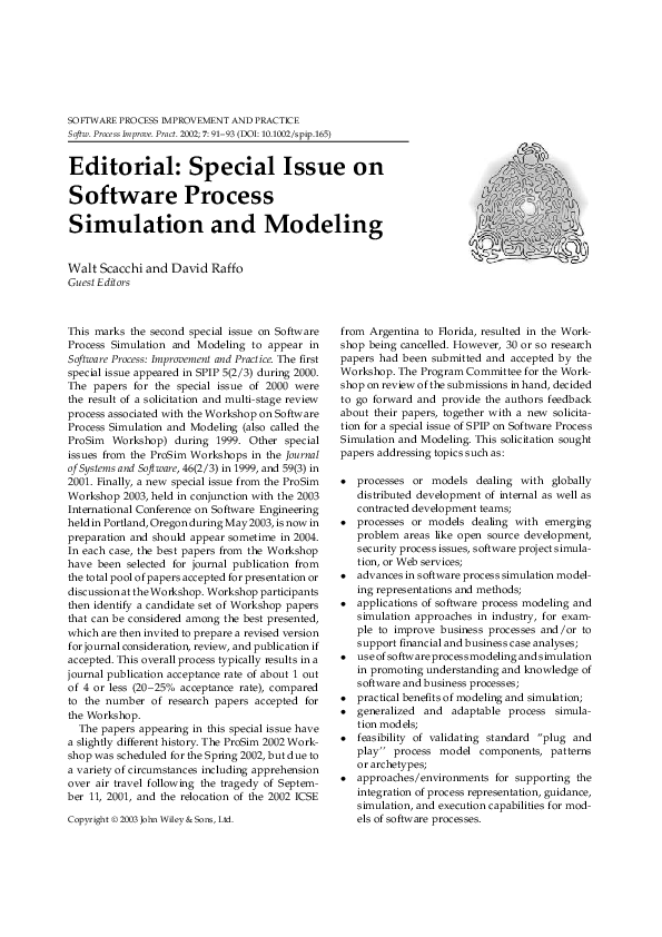 Pdf Editorial Special Issue On Software Process Simulation And Modeling