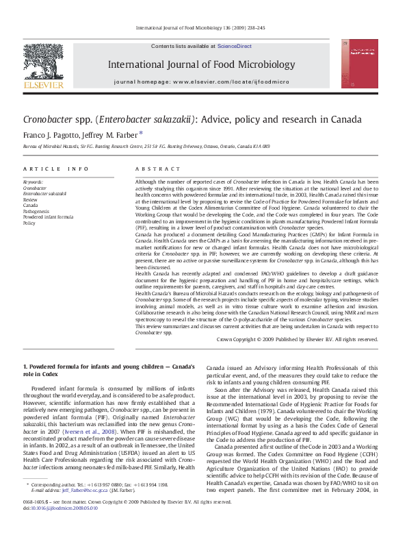 (PDF) Cronobacter spp. (Enterobacter sakazakii): Advice, policy and ...