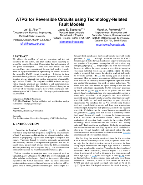 (PDF) ATPG for reversible circuits using technology-related fault models