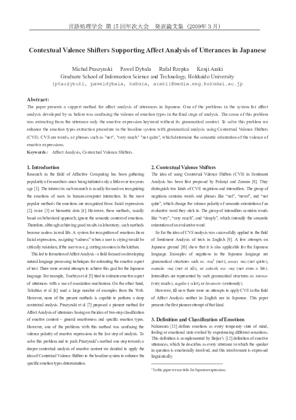 (PDF) Contextual Valence Shifters Supporting Affect Analysis of Utterances in Japanese