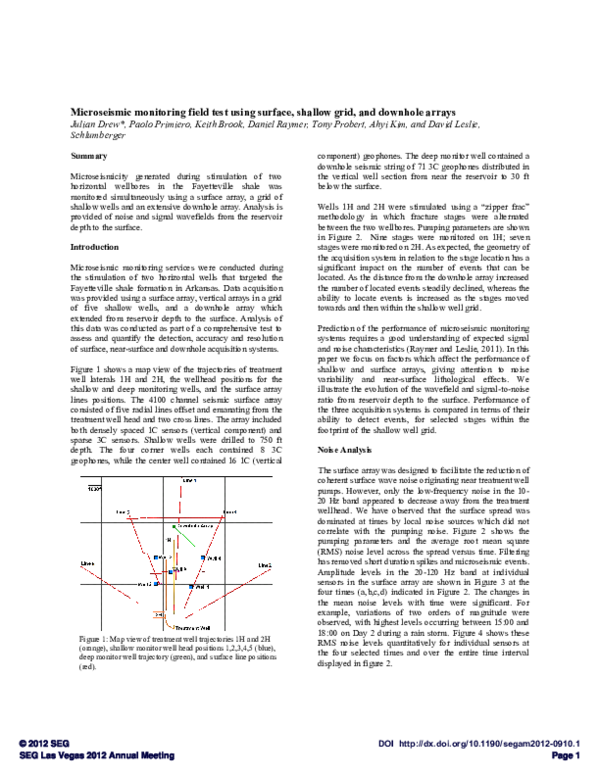 Pdf Microseismic Monitoring Field Test Using Surface Shallow Grid And Downhole Arrays