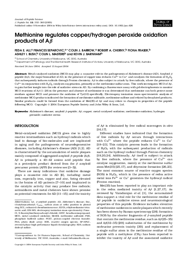 (PDF) Methionine regulates copper/hydrogen peroxide oxidation products ...