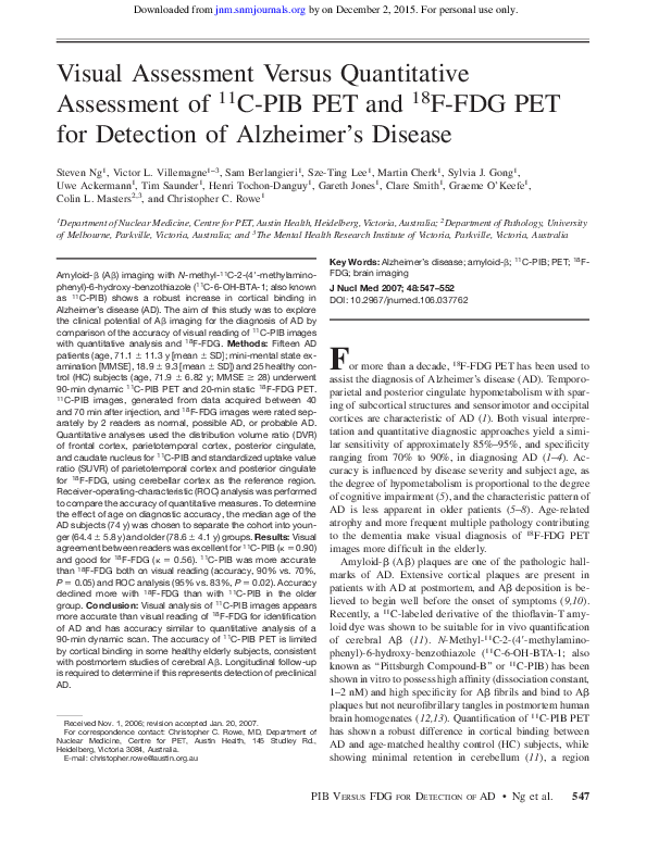 (PDF) Visual Assessment Versus Quantitative Assessment of 11C-PIB PET and 18F-FDG PET for ...