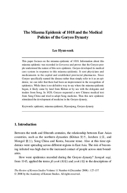 (PDF) The Miasma Epidemic of 1018 in Medieval Korea