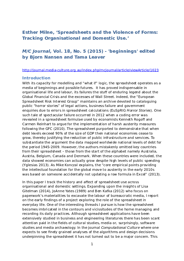 (DOC) Spreadsheets and the Violence of Forms: Tracking Organisational ...