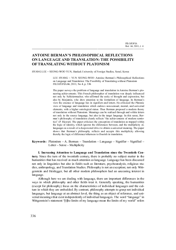 (PDF) ANTOINE BERMAN’S PHILOSOPHICAL REFLECTIONS ON LANGUAGE AND ...