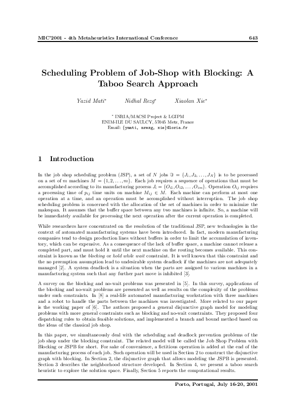 (PDF) Scheduling Problem of Job-Shop With Blocking: A Taboo Search Approach