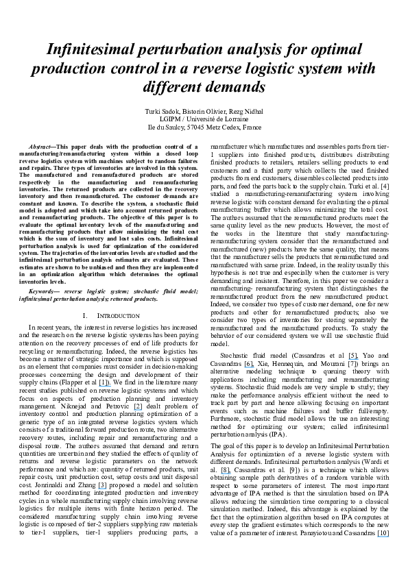 Pdf Infinitesimal Perturbation Analysis For Optimal Production Control In A Reverse Logistic