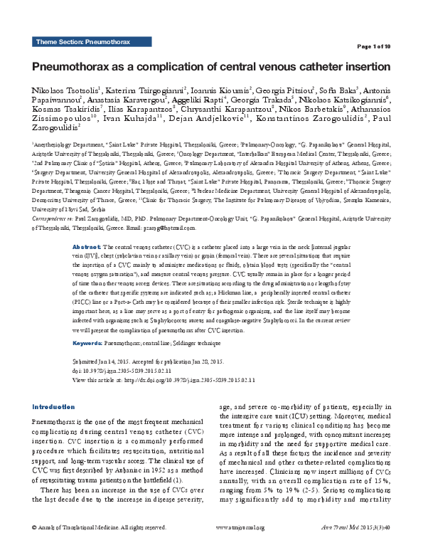 (PDF) Pneumothorax as a complication of central venous catheter insertion