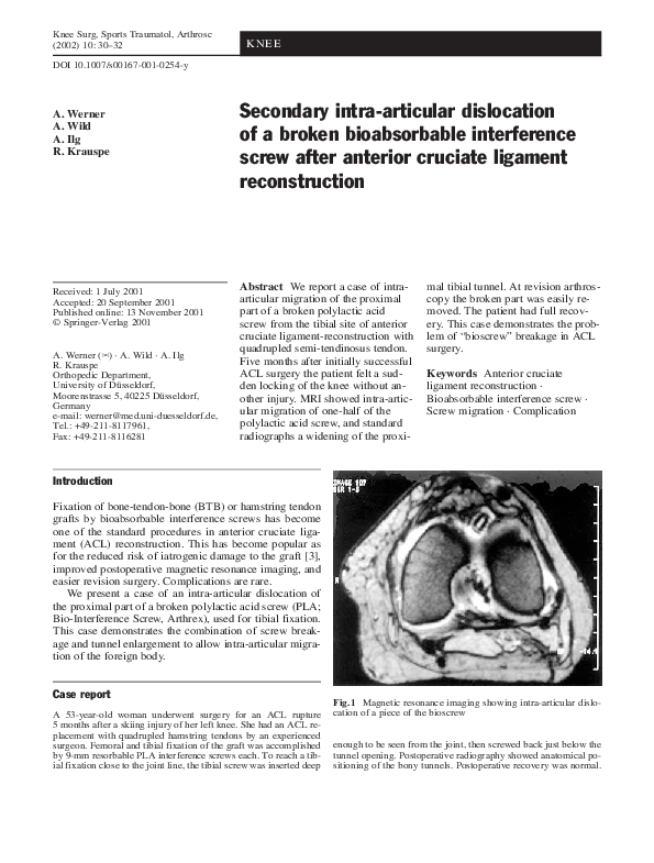 (PDF) Secondary intra-articular dislocation of a broken bioabsorbable ...