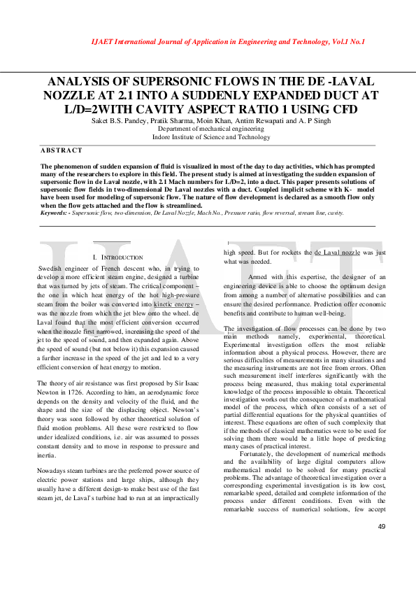 (PDF) ANALYSIS OF SUPERSONIC FLOWS IN THE DE -LAVAL NOZZLE AT 2.1 INTO A SUDDENLY EXPANDED DUCT ...