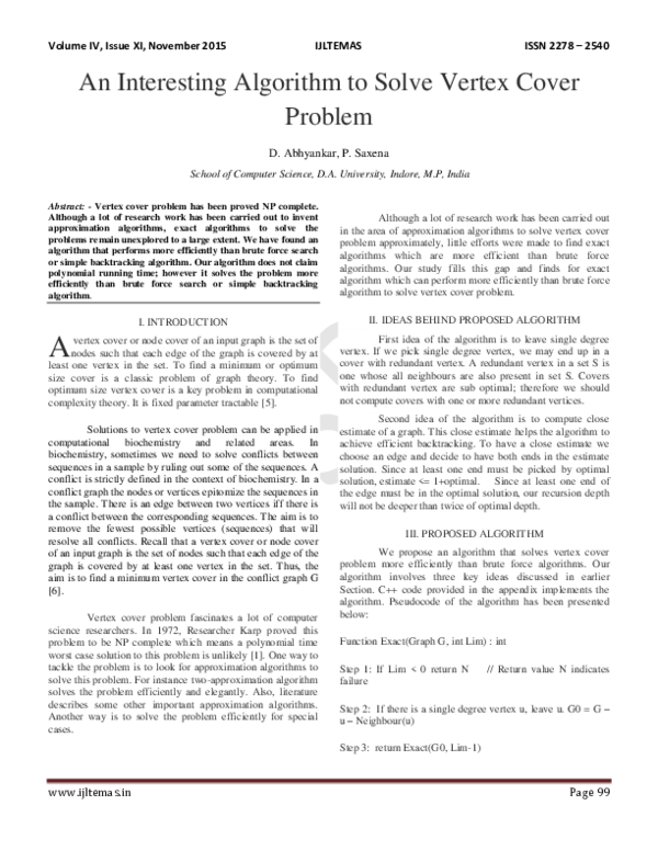 Pdf An Interesting Algorithm To Solve Vertex Cover Problem