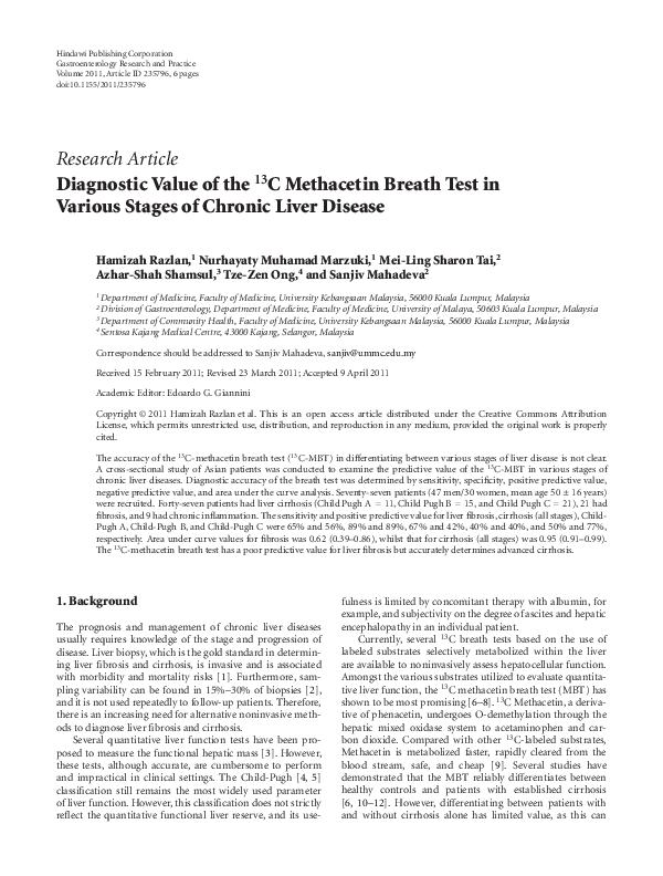 (PDF) Diagnostic Value of the 13 C Methacetin Breath Test in Various ...