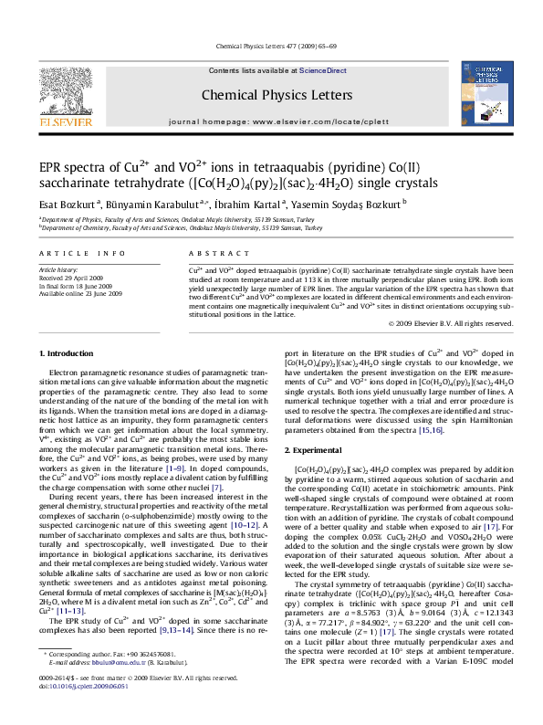 (PDF) EPR spectra of Cu2+ and VO2+ ions in tetraaquabis (pyridine) Co ...