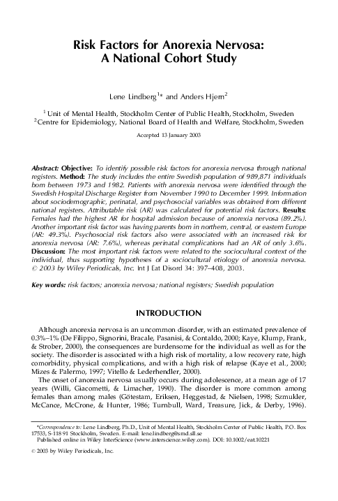 (PDF) Risk factors for anorexia nervosa: a national cohort study
