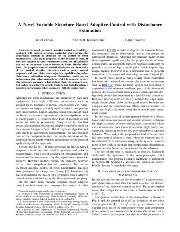 Pdf A Novel Variable Structure Based Adaptive Control With Disturbance Estimation