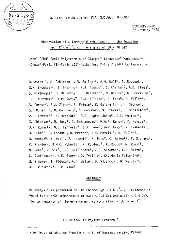 (PDF) Observation of a threshold enhancement in the reaction γp→K+K−π+π−p at γ energies of 20–70 GeV