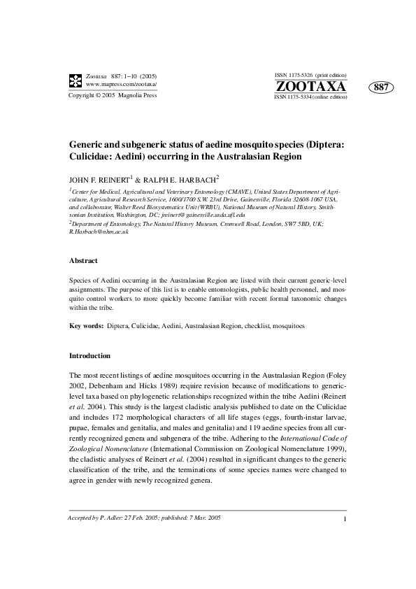 (PDF) Generic and subgeneric status of aedine mosquito species (Diptera ...