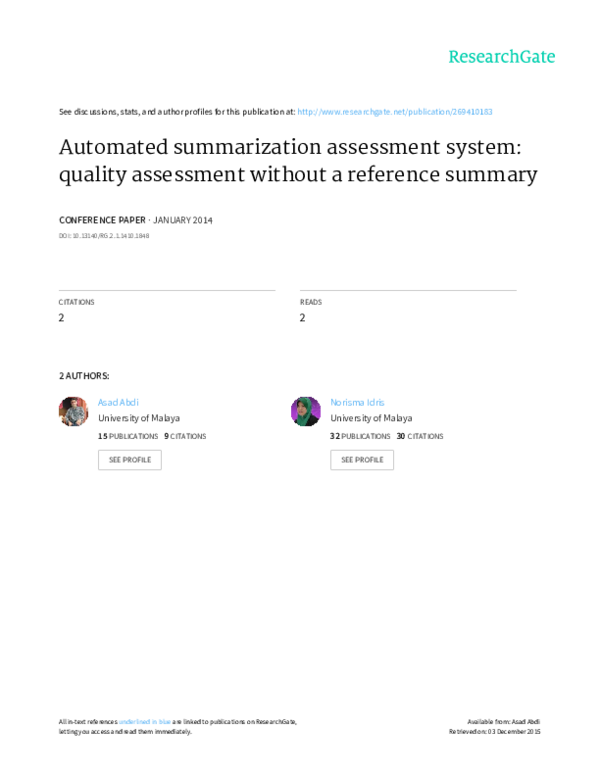 Pdf Automated Summarization Assessment System Quality Assessment Without A Reference Summary