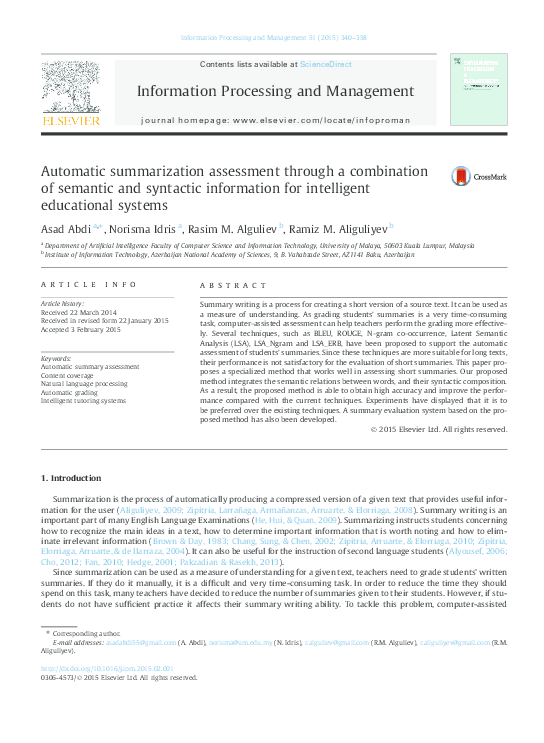 Pdf Assessing Short Summary Quality Using Semantic And Syntactic Techniques 8984