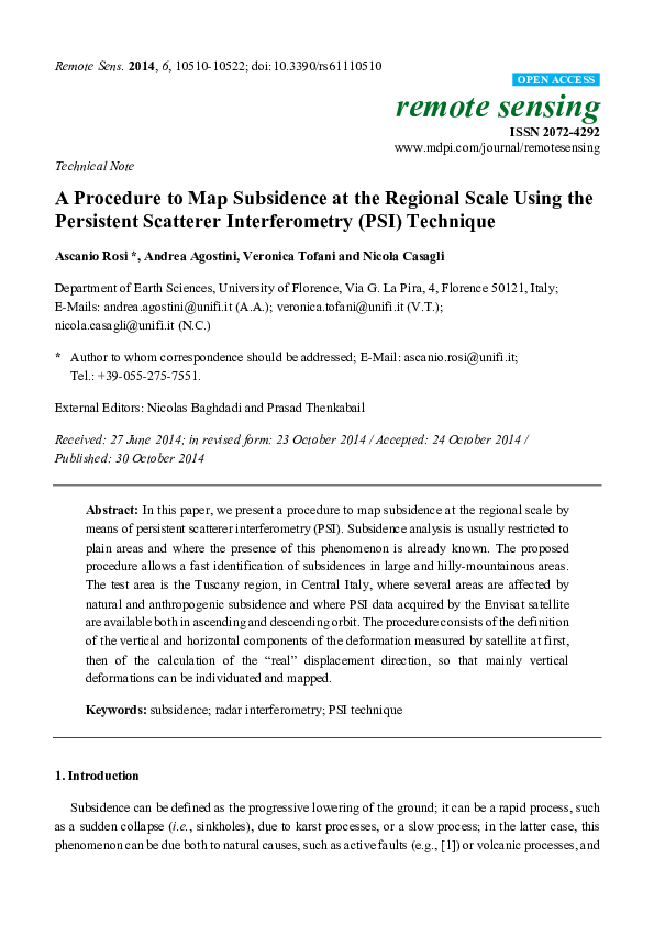 (PDF) A Procedure to Map Subsidence at the Regional Scale Using the Persistent Scatterer ...