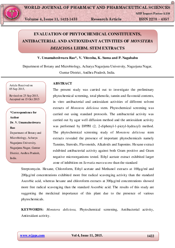 (PDF) EVALUATION OF PHYTOCHEMICAL CONSTITUENTS, ANTIBACTERIAL AND ANTIOXIDANT ACTIVITIES OF ...