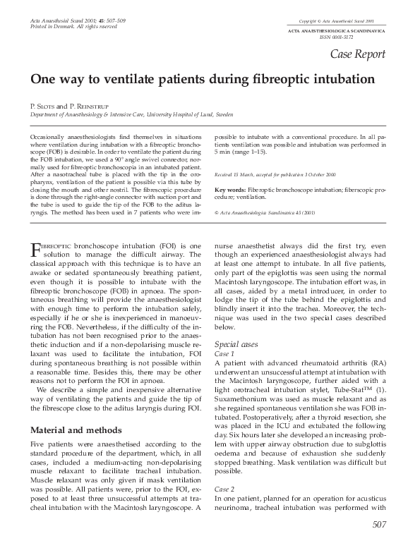 One way to ventilate patients during fibreoptic intubation