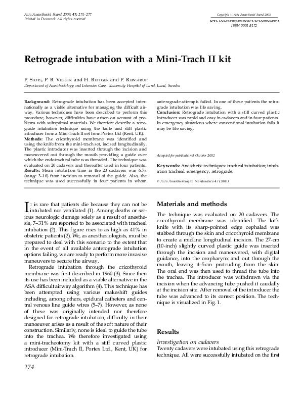 (PDF) Retrograde intubation with a Mini-Trach II kit