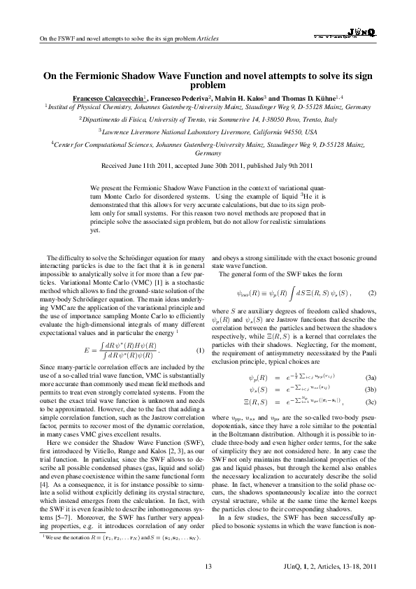 (PDF) On the Fermionic Shadow Wave Function and novel attempts to solve ...