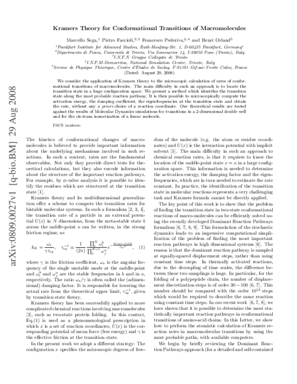 (PDF) Kramers Theory for Conformational Transitions of Macromolecules