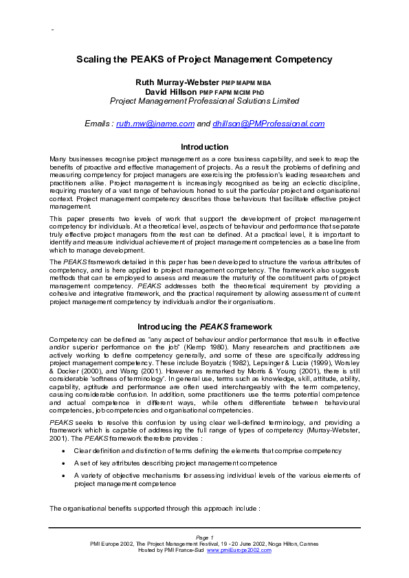 (PDF) Scaling the PEAKS of Project Management Competency