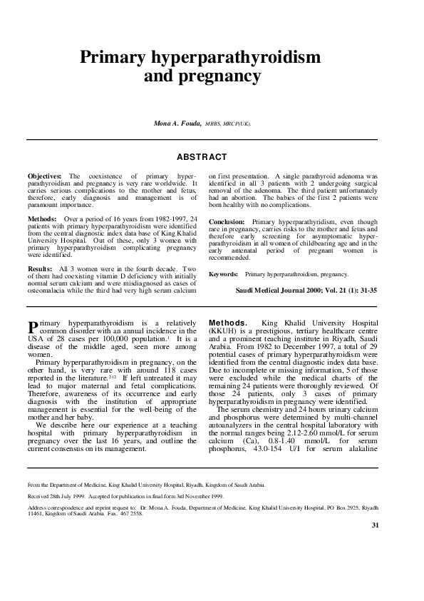 (PDF) Primary hyperparathyroidism and pregnancy